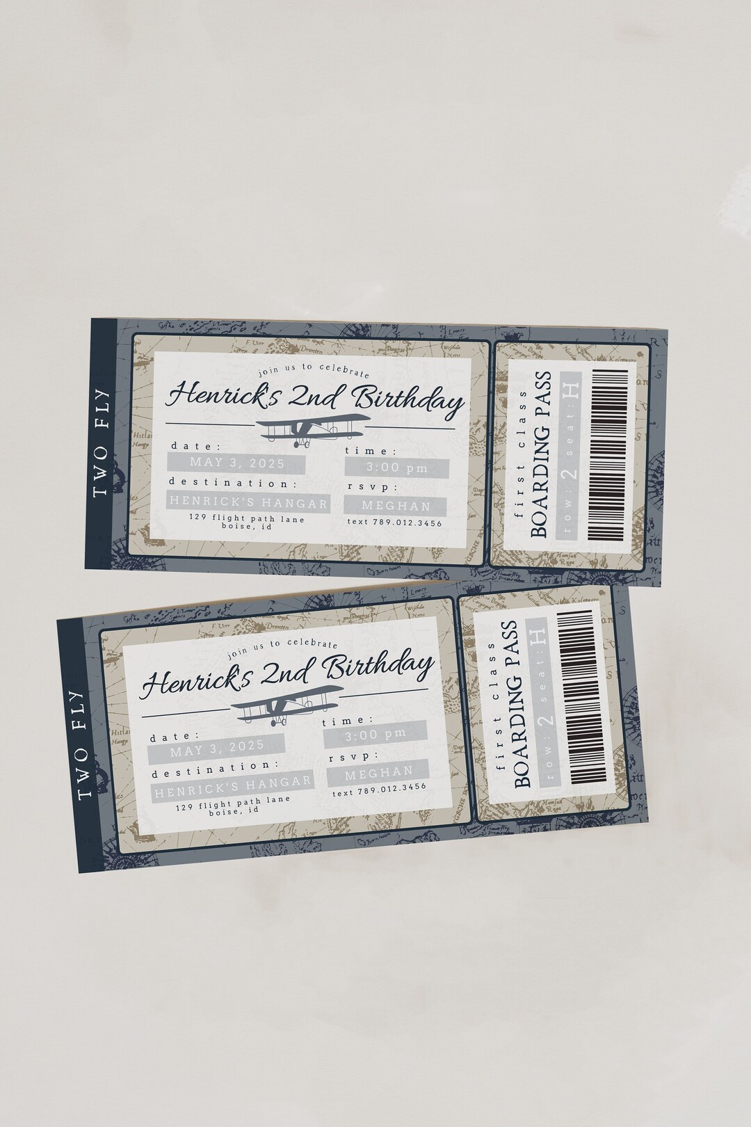Two Fly 2nd Birthday Invitation Ticket Template | Vintage Airplane Boy ...