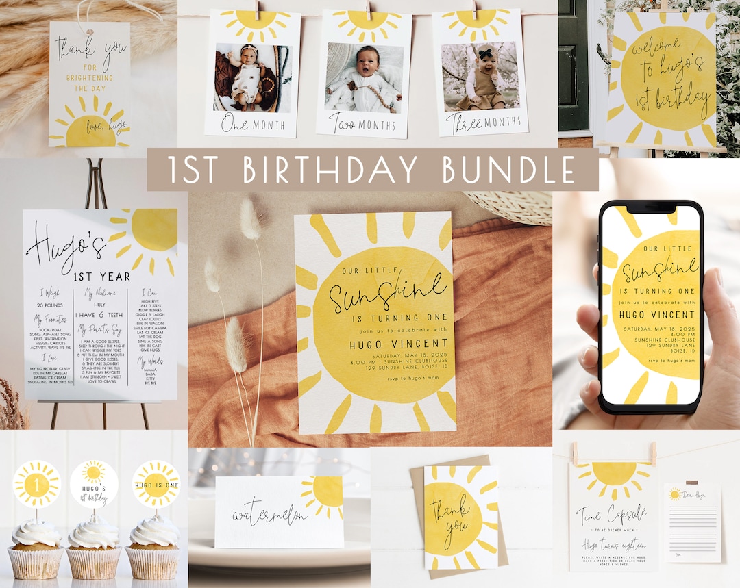 Editable Sunshine 1st Birthday Bundle | Our Little Sunshine is One ...