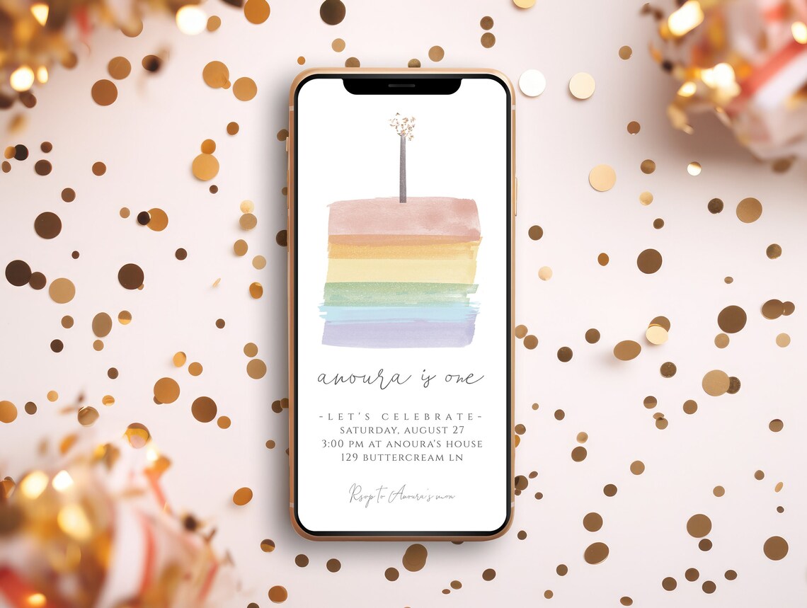 Rainbow 1st Birthday Text Invitation Template | Editable Pastel Rainbow ...