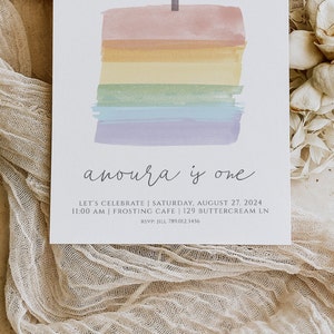 Girl Rainbow 1st Birthday Invitation | Pastel Rainbow Birthday Cake ...
