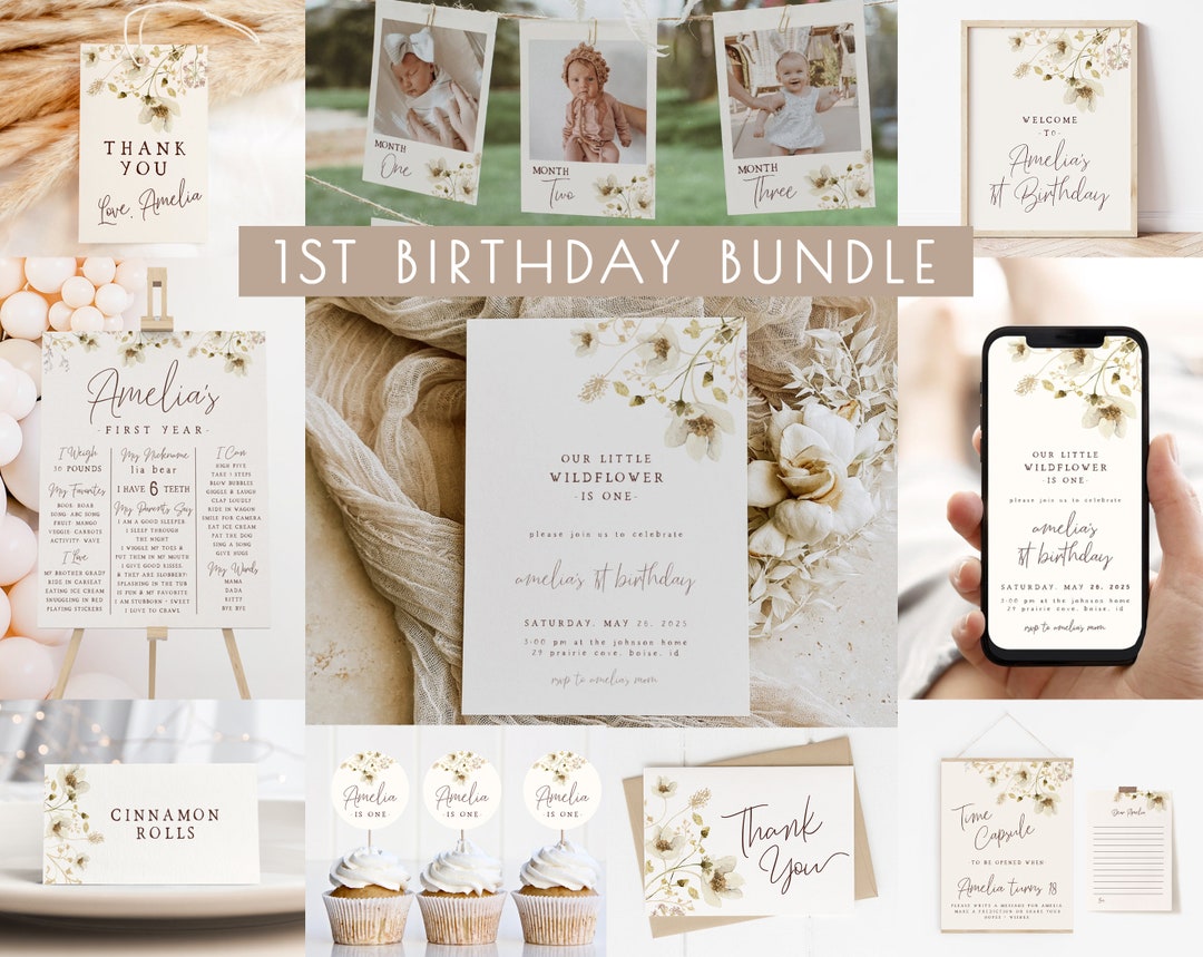 Wildflower 1st Birthday Bundle Editable Templates | Floral Girl Our ...