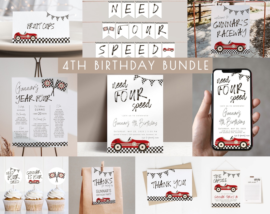 Race Car 4th Birthday Bundle Editable Template Package | Red Need FOUR ...