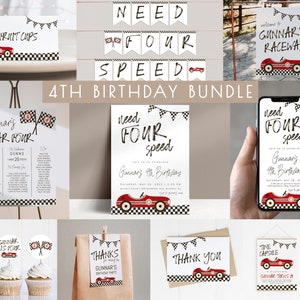 Race Car 4th Birthday Bundle Editable Template Package | Red Need FOUR ...