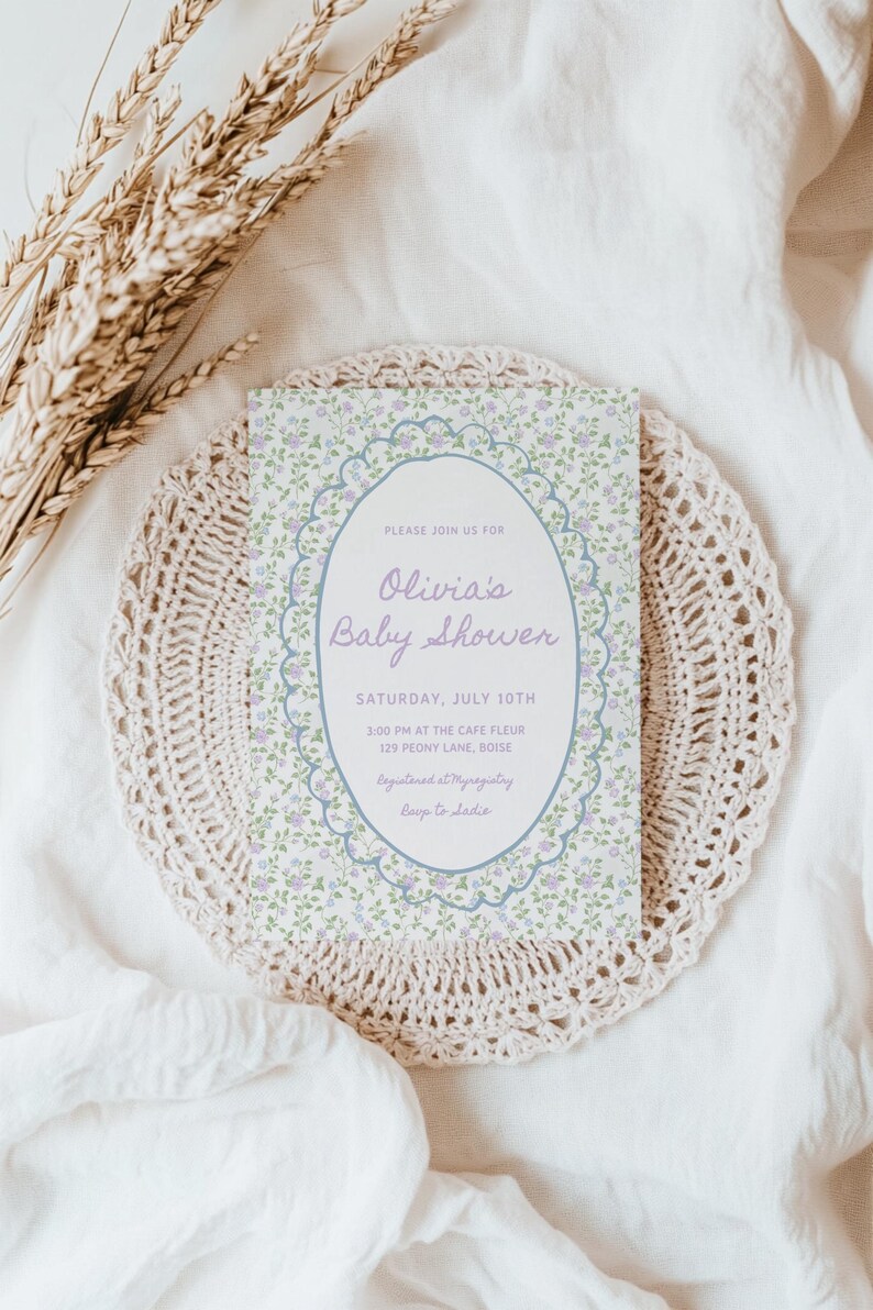 Vintage Purple Baby Shower Invitation - Editable Template | DIY Floral ...