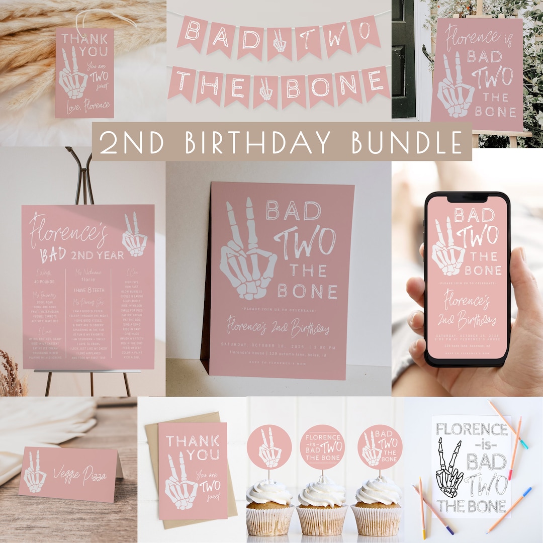Bad Two the Bone 2nd Birthday Bundle Template | Editable Fall Girl ...