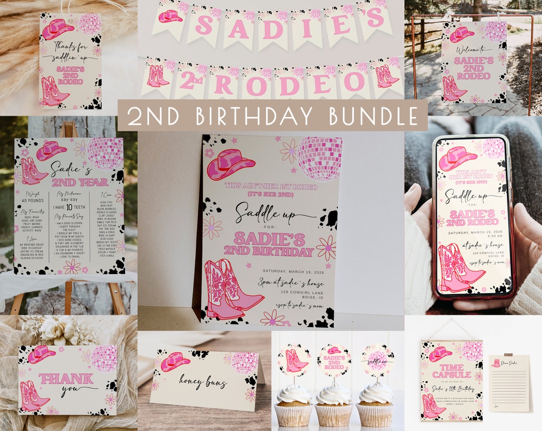 Girl 2nd Rodeo Birthday Bundle Editable Template Set | Disco Cowgirl ...