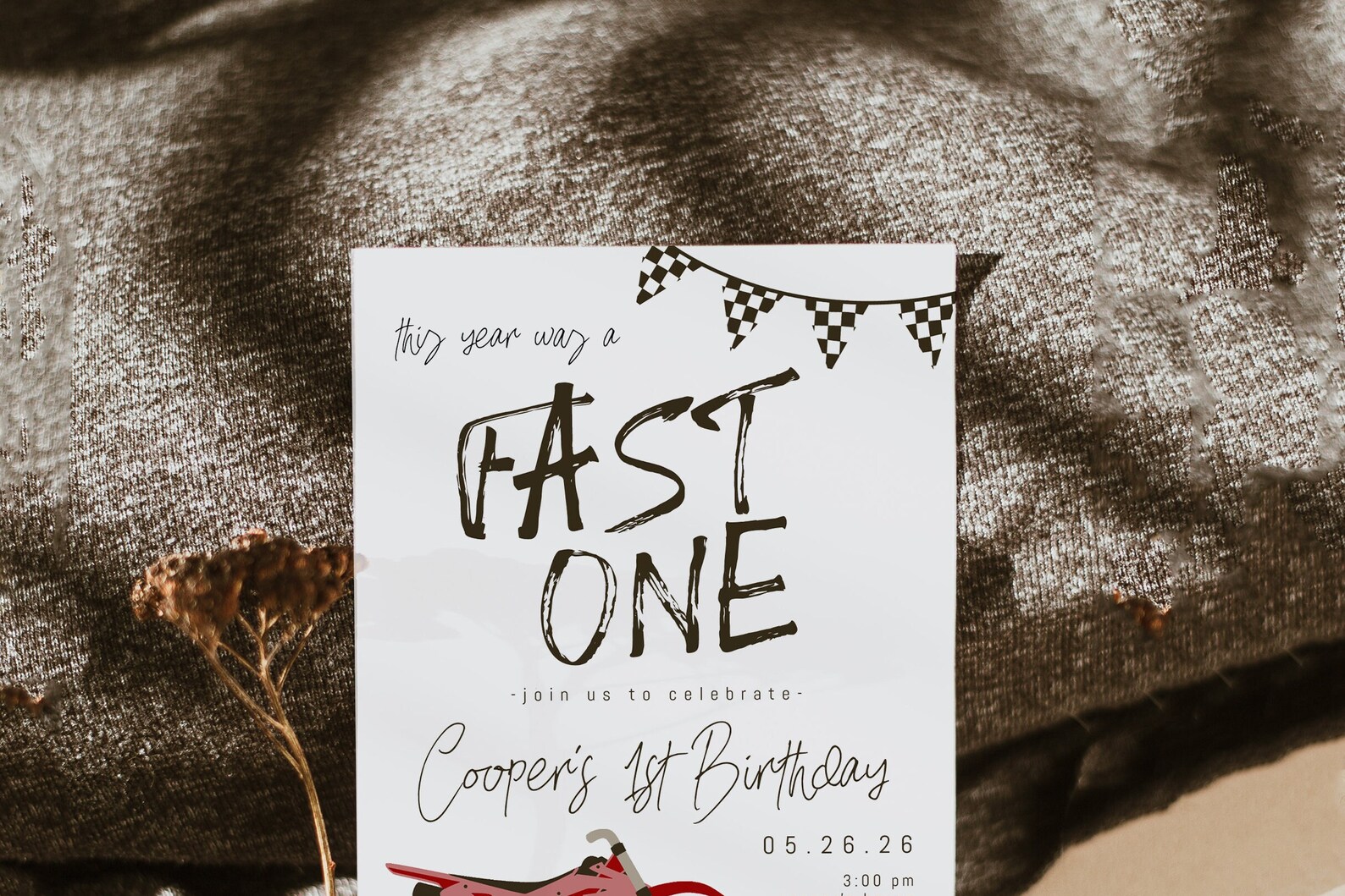 Editable Dirt Bike 1st Birthday Invitation Template | Red Fast ONE ...