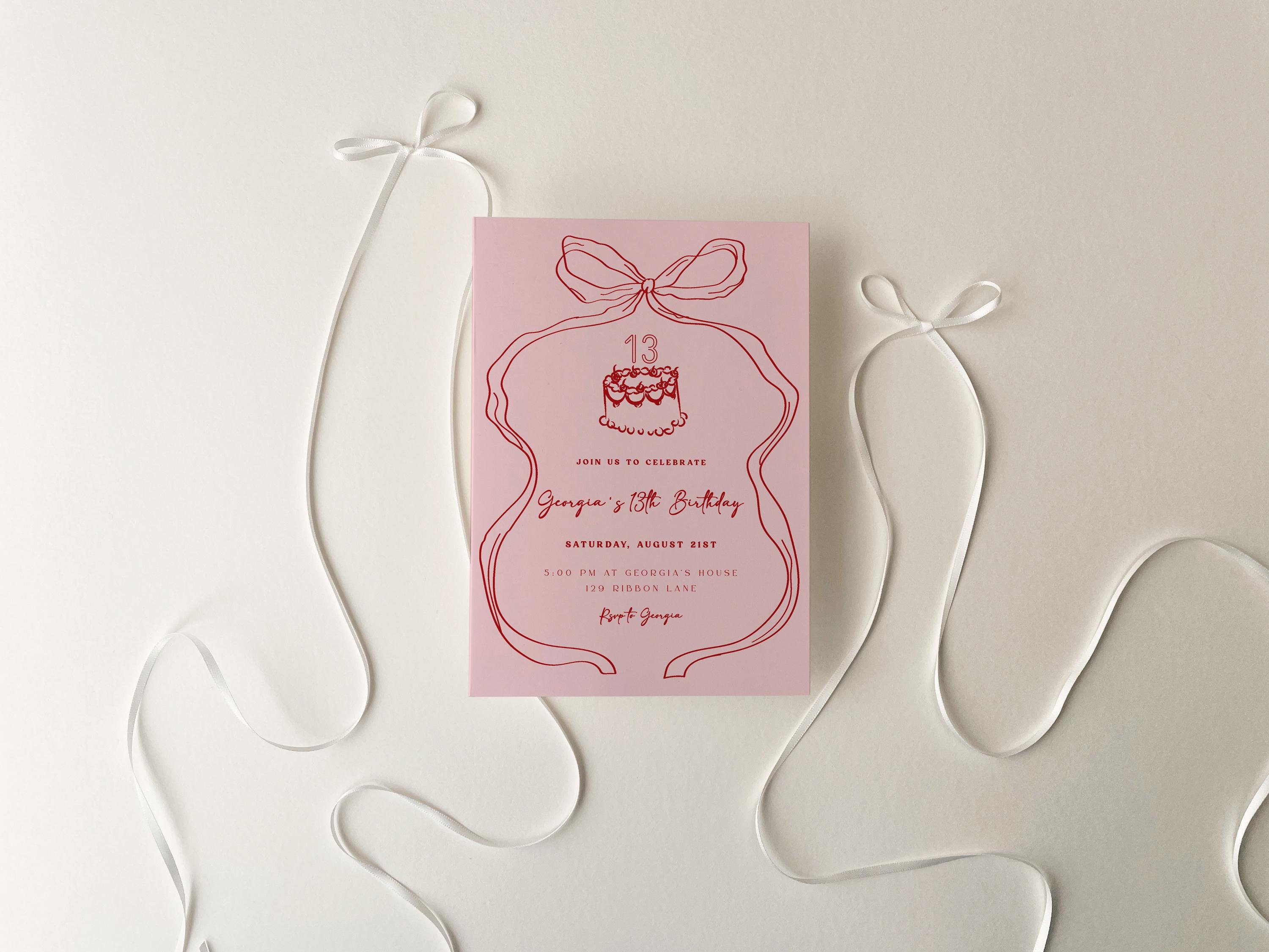 Preppy Bow 13th Birthday Invitation Template | Editable Hand Drawn ...