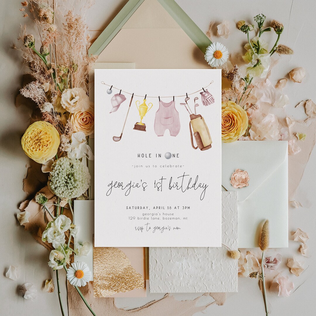 Golf 1st Birthday Invitation Template for Girl Editable Hole in ONE ...