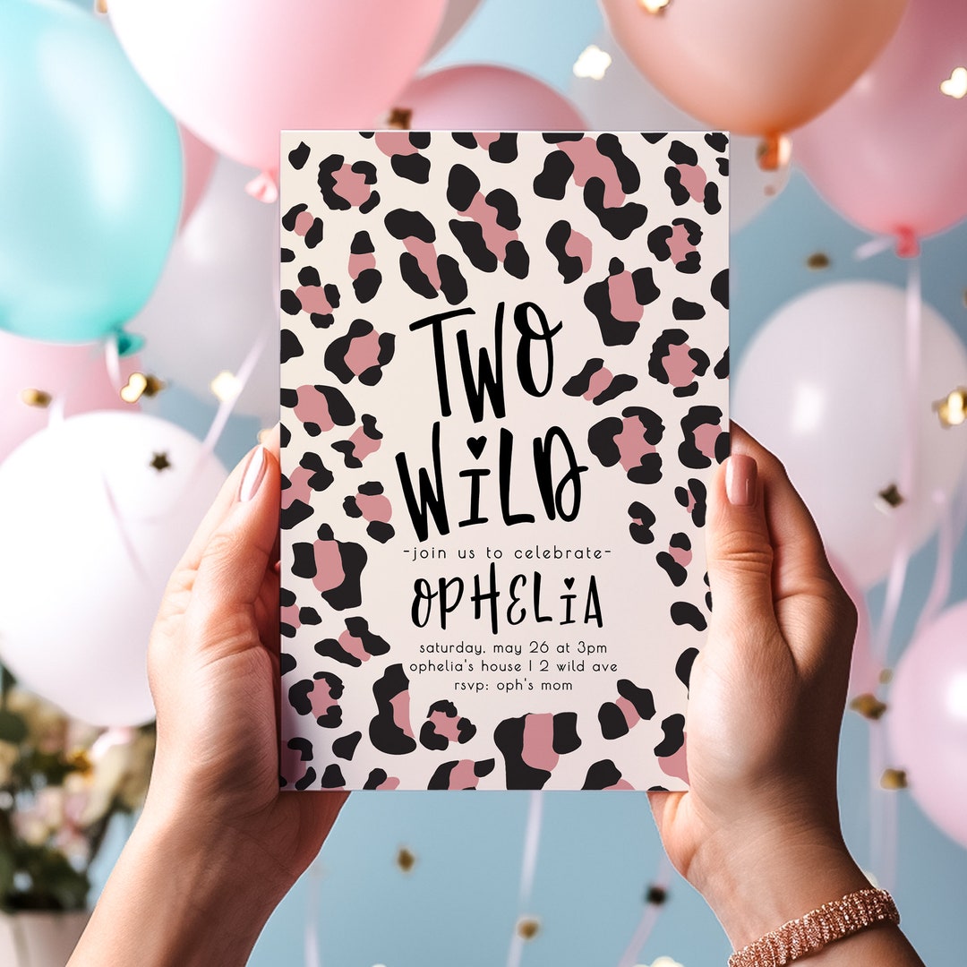 Two Wild Girl 2nd Birthday Editable Invitation | Pink Leopard Birthday ...
