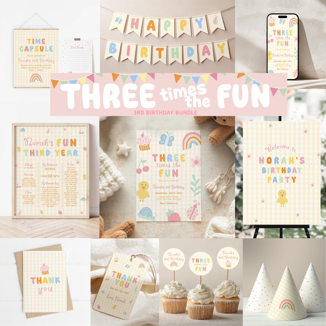 Girl 3rd Birthday Bundle - Editable Girl Whimsy Three Times the Fun ...