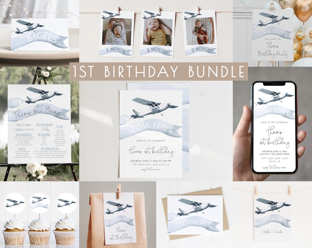 Airplane 1st Birthday Bundle | Editable Time Flies Invitation and ...