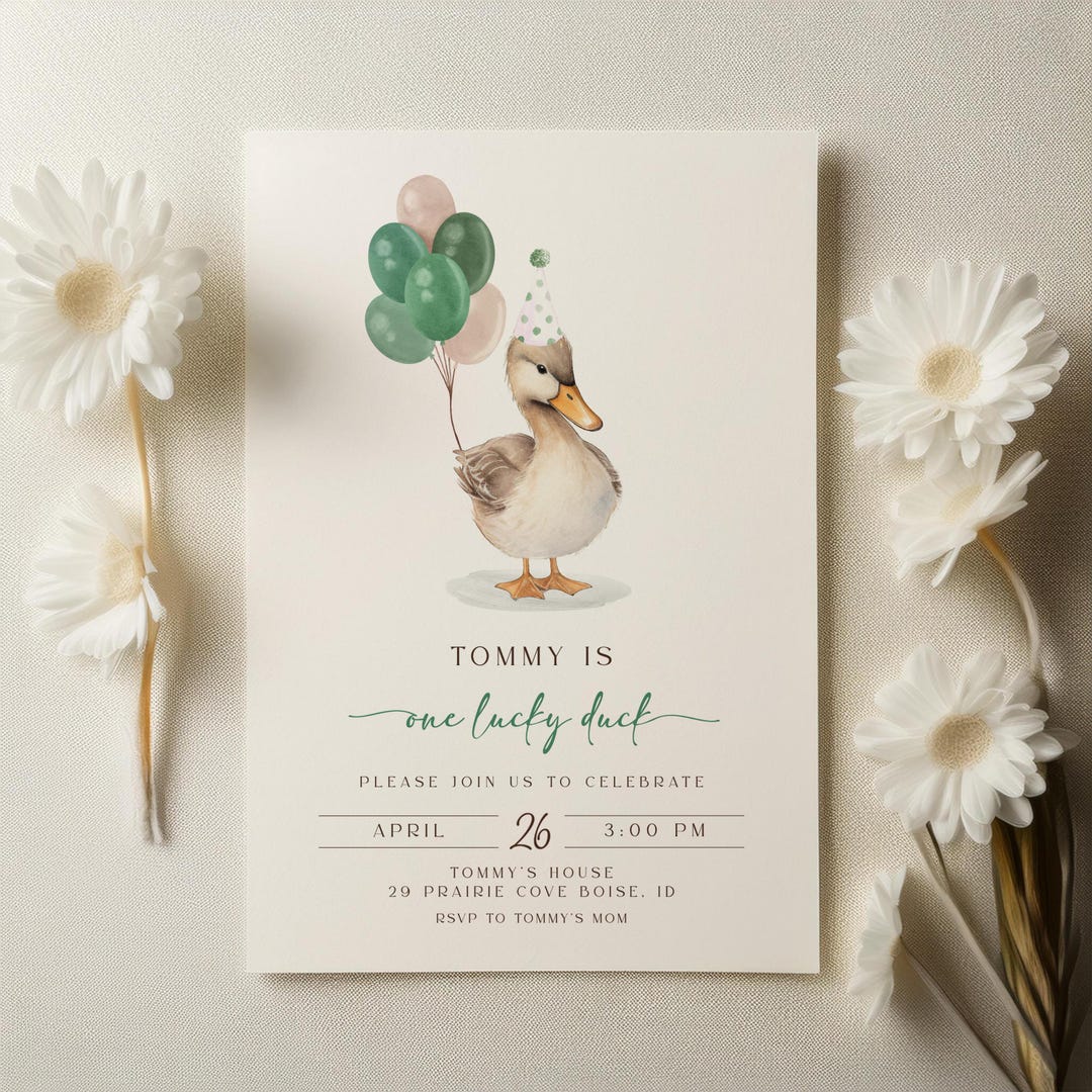 One Lucky Duck Birthday Invitation Template | Editable Green 1st ...