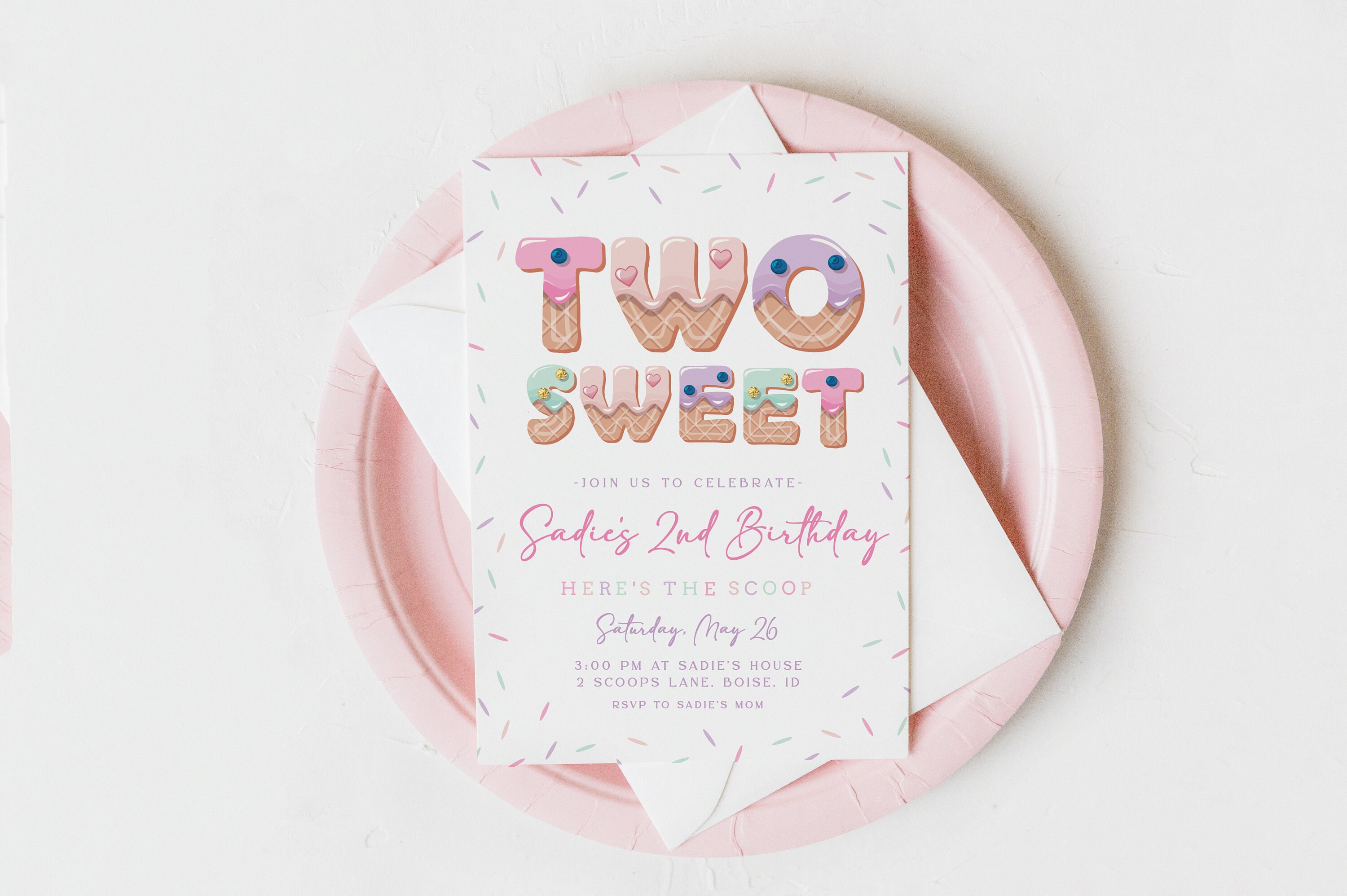 TWO Sweet 2nd Birthday Invitation Template | Editable Ice Cream Girl ...