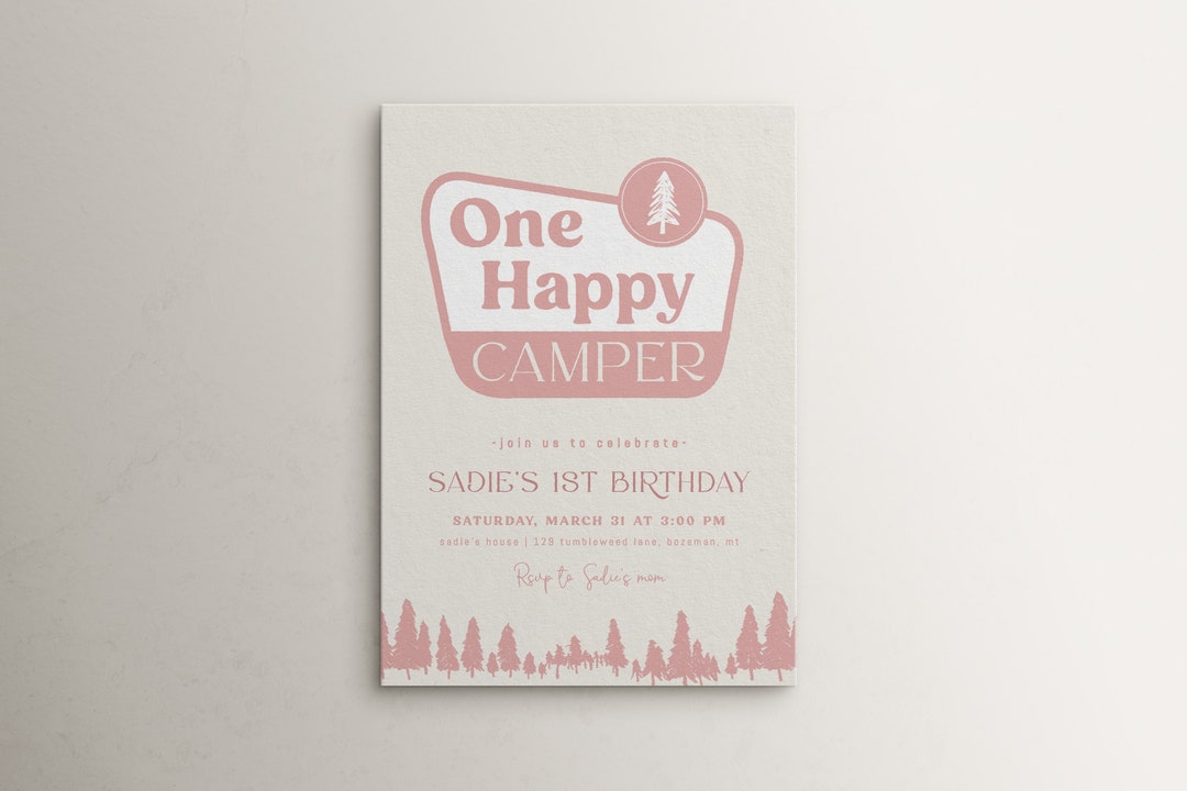 One Happy Camper Birthday Invitation Template | Editable National Park Sign Girl 1st Birthday ...