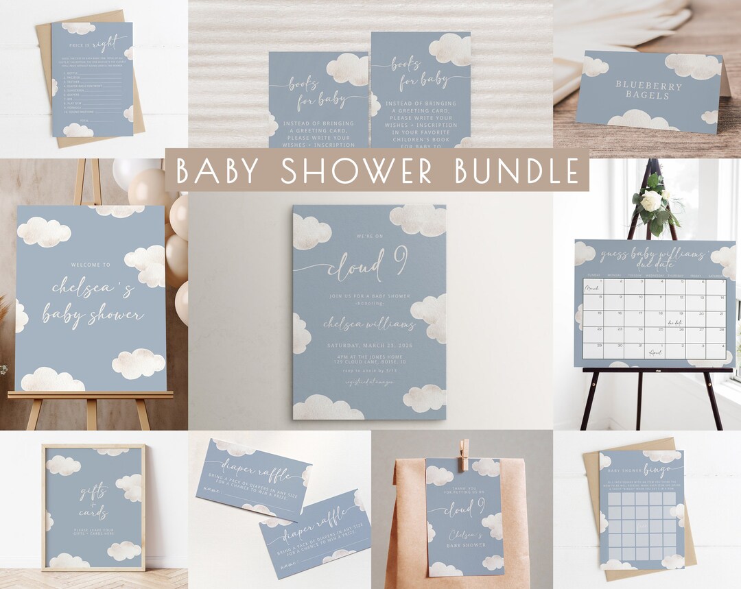 Cloud 9 Baby Shower Bundle Editable Templates | We're on Cloud Nine Boy ...