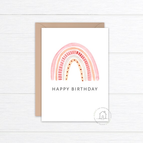 Rainbow Card Birthday Cute Pink Rainbow Boho | Etsy