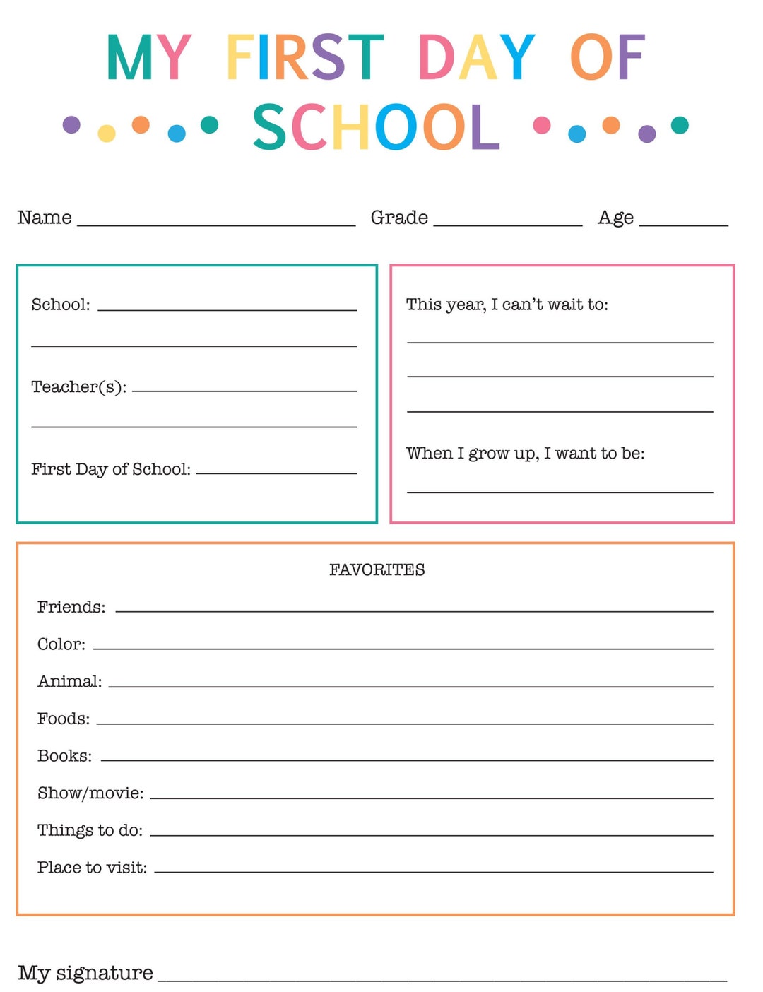 First Day of School Interview - Printable - Digital Download - Etsy