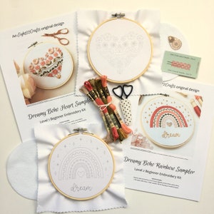Deluxe Embroidery Beginner Bundle: Heart & Rainbow Sampler DIY Kit - Etsy