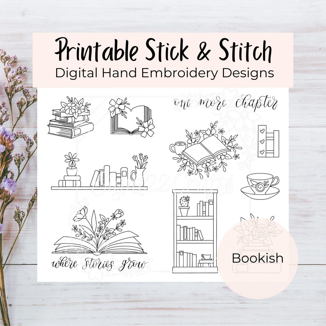 PRINTABLE Bookish Stick and Stitch Embroidery Template - Etsy