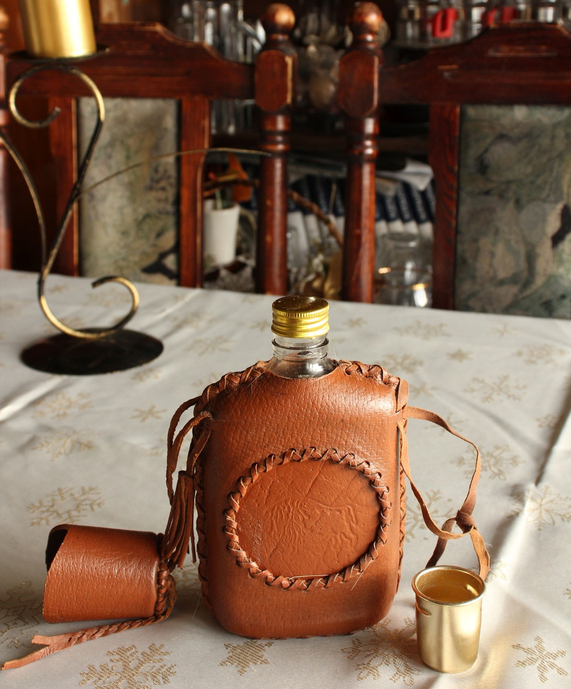 LEATHER Glass FLASK Vintage 80s Glass Bottle With Real - Etsy