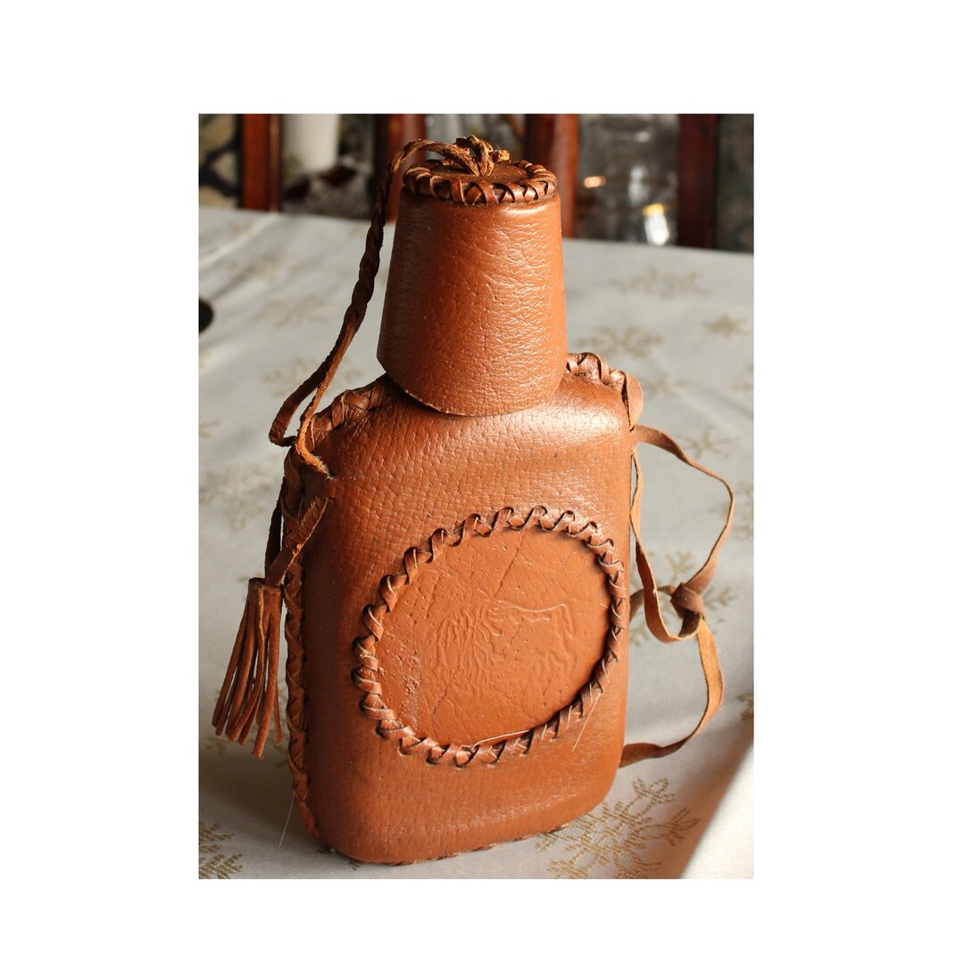 LEATHER Glass FLASK, Vintage 80s, Glass Bottle With Real Leather Cover ...