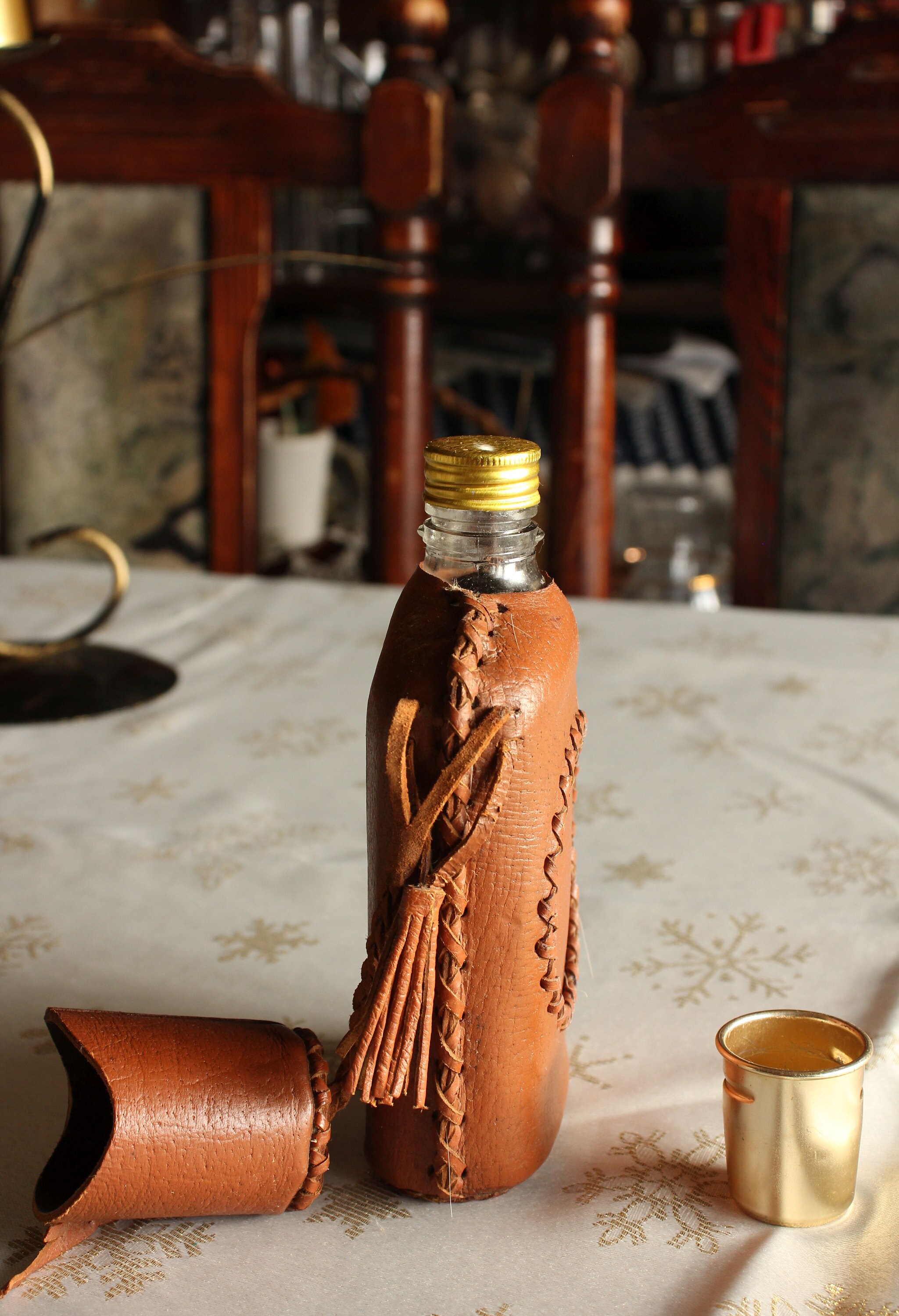 LEATHER Glass FLASK, Vintage 80s, Glass Bottle With Real Leather Cover ...