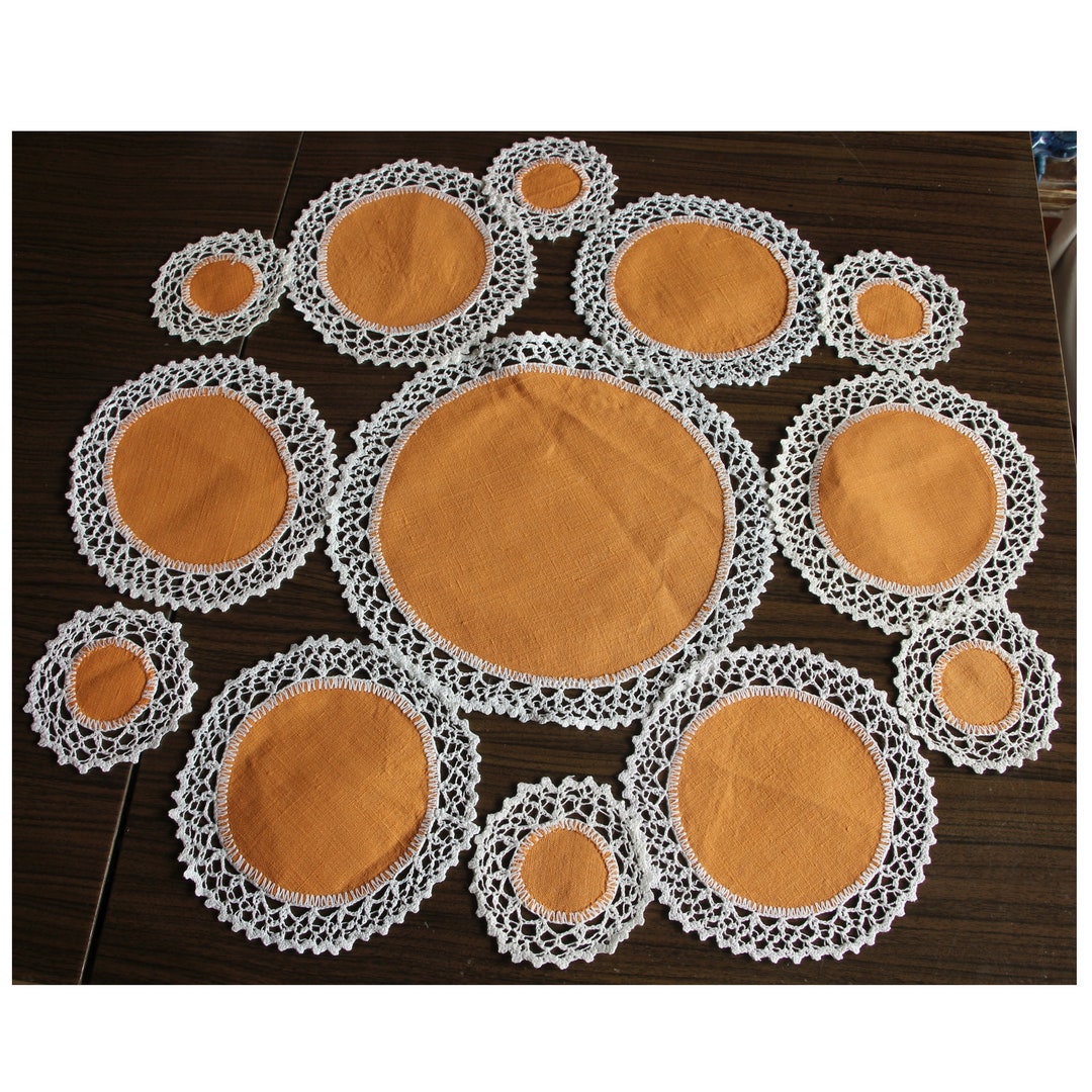 Vintage Set Round LINEN Orange DOILY, Linen Napkins With Hand Crocheted ...