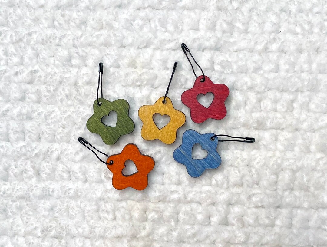 Stitch Markers - 9 Colorful Flowers With Hearts - Wood, Crochet ...