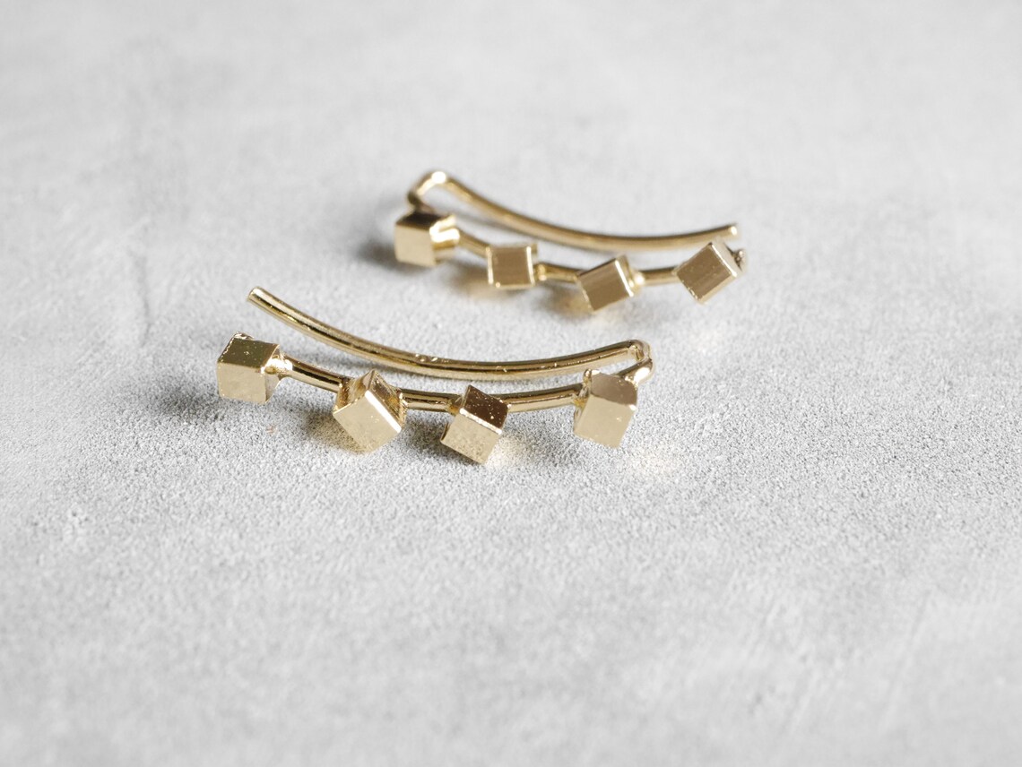 14K Gold Plated Minimalist Cube Ear Climber Earrings, Geometric ...