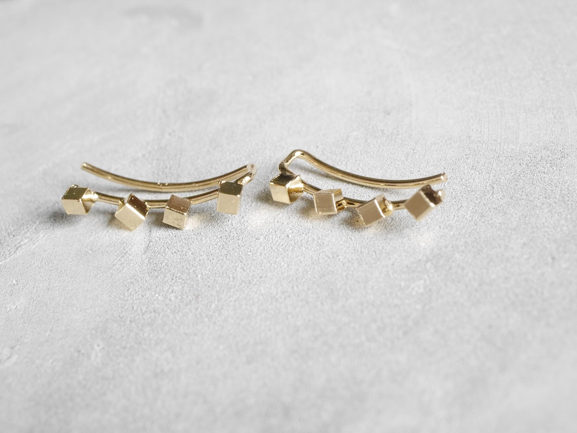 14K Gold Plated Minimalist Cube Ear Climber Earrings, Geometric ...