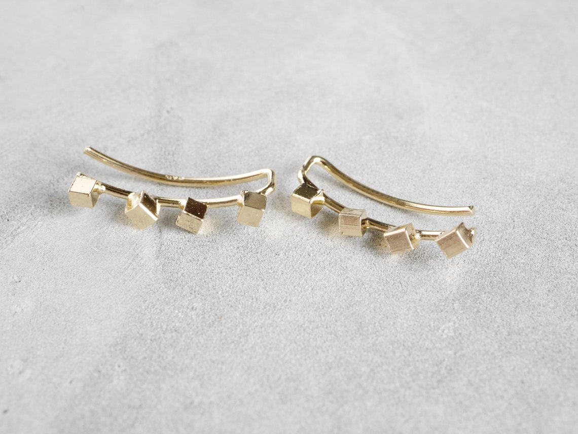 14K Gold Plated Minimalist Cube Ear Climber Earrings, Geometric ...
