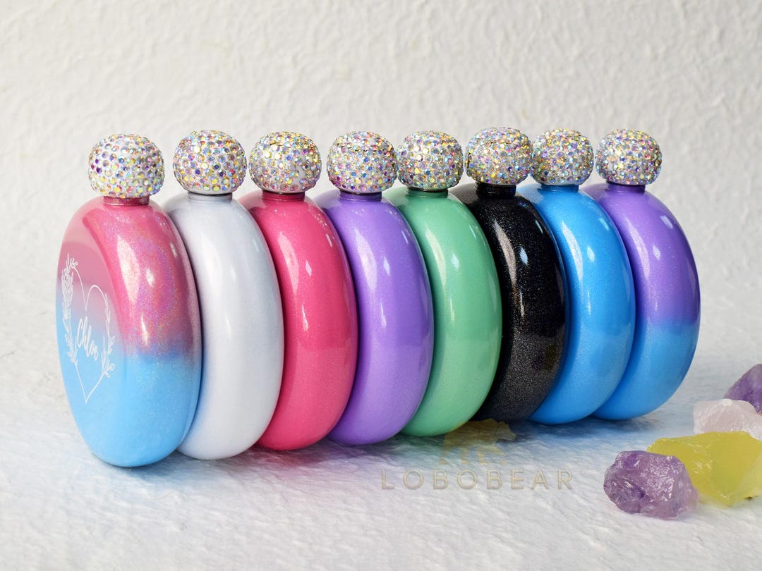 Custom Round Flasks With Iridescent Gem Lids-personalized Flasks for ...