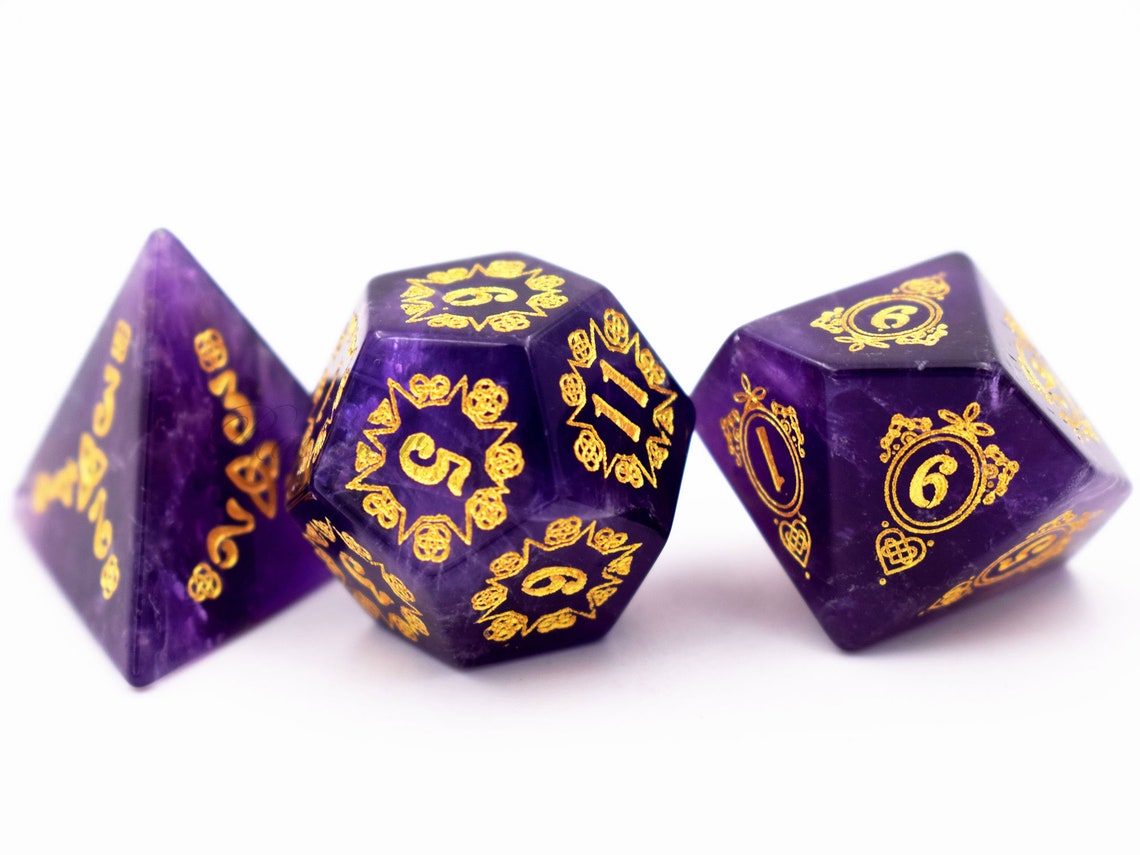 Amethyst dice set-Engraved DnD Dice Set-Polyhedral Gemstone | Etsy