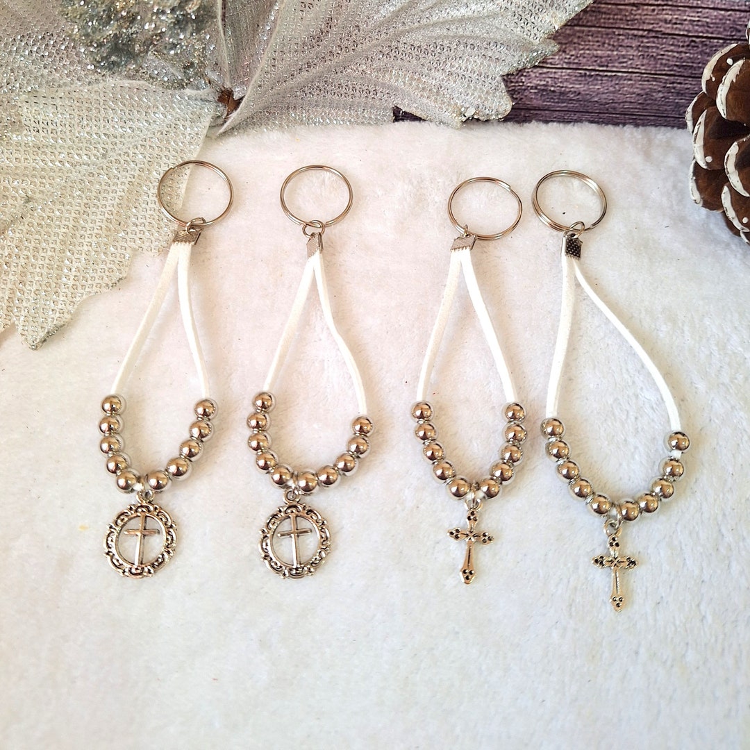 50 White Rosary Keychains Adults Favors, Bulk Baptism Keepsakes Mini ...