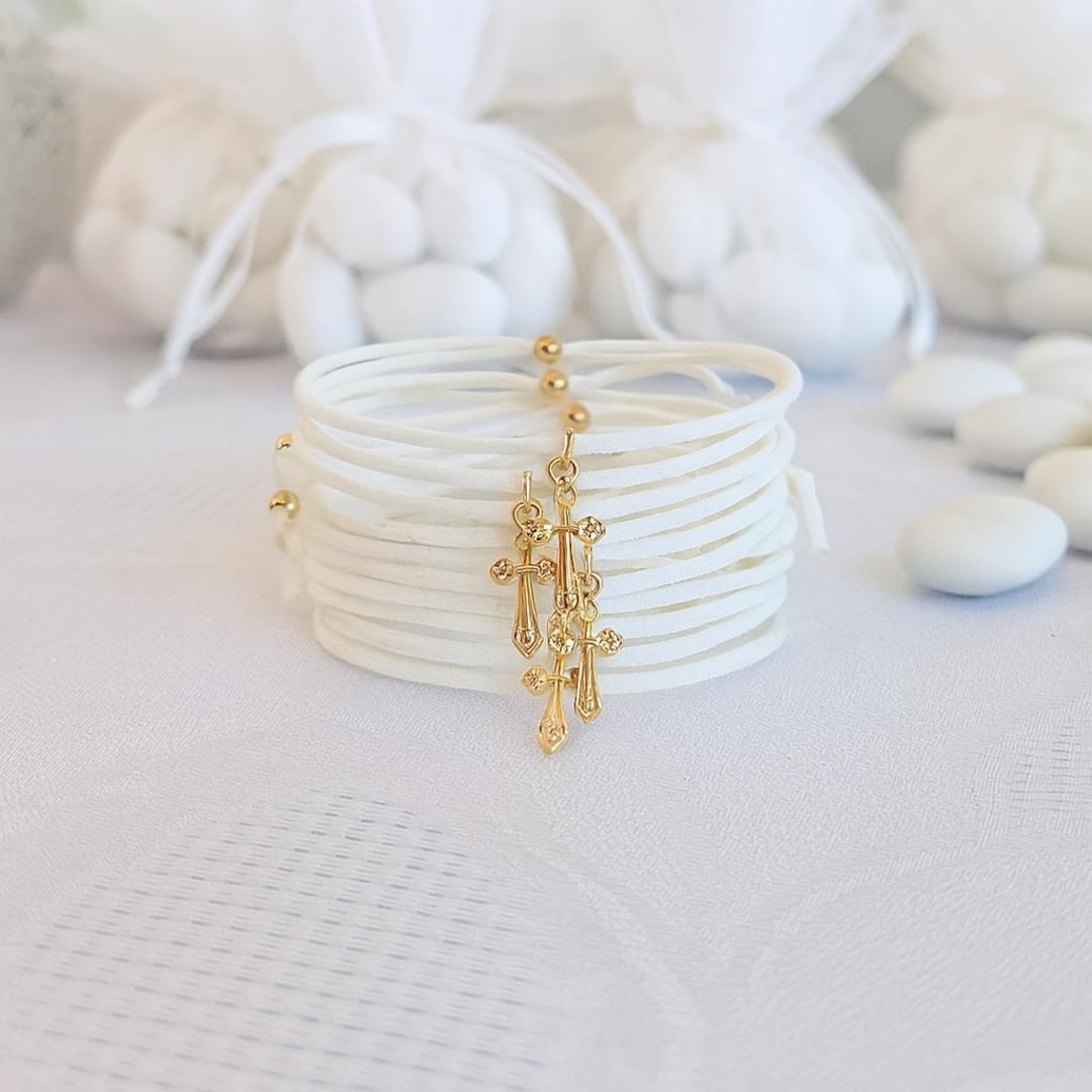 50 Martirika Gold Cross White Suede Bracelet: Religious Baptism Favor ...