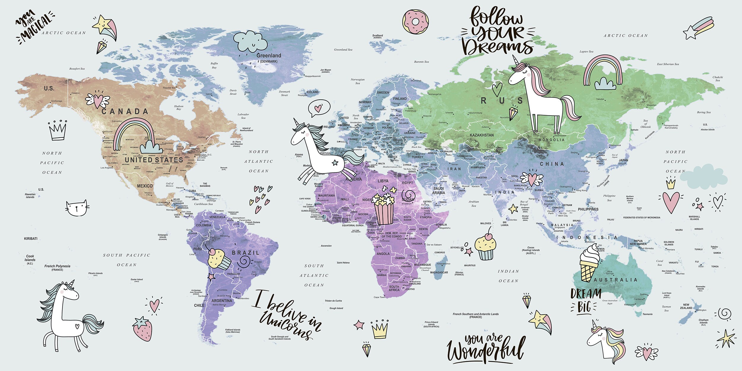 Kids world map canvas Unicorn world map decor Nursery world | Etsy