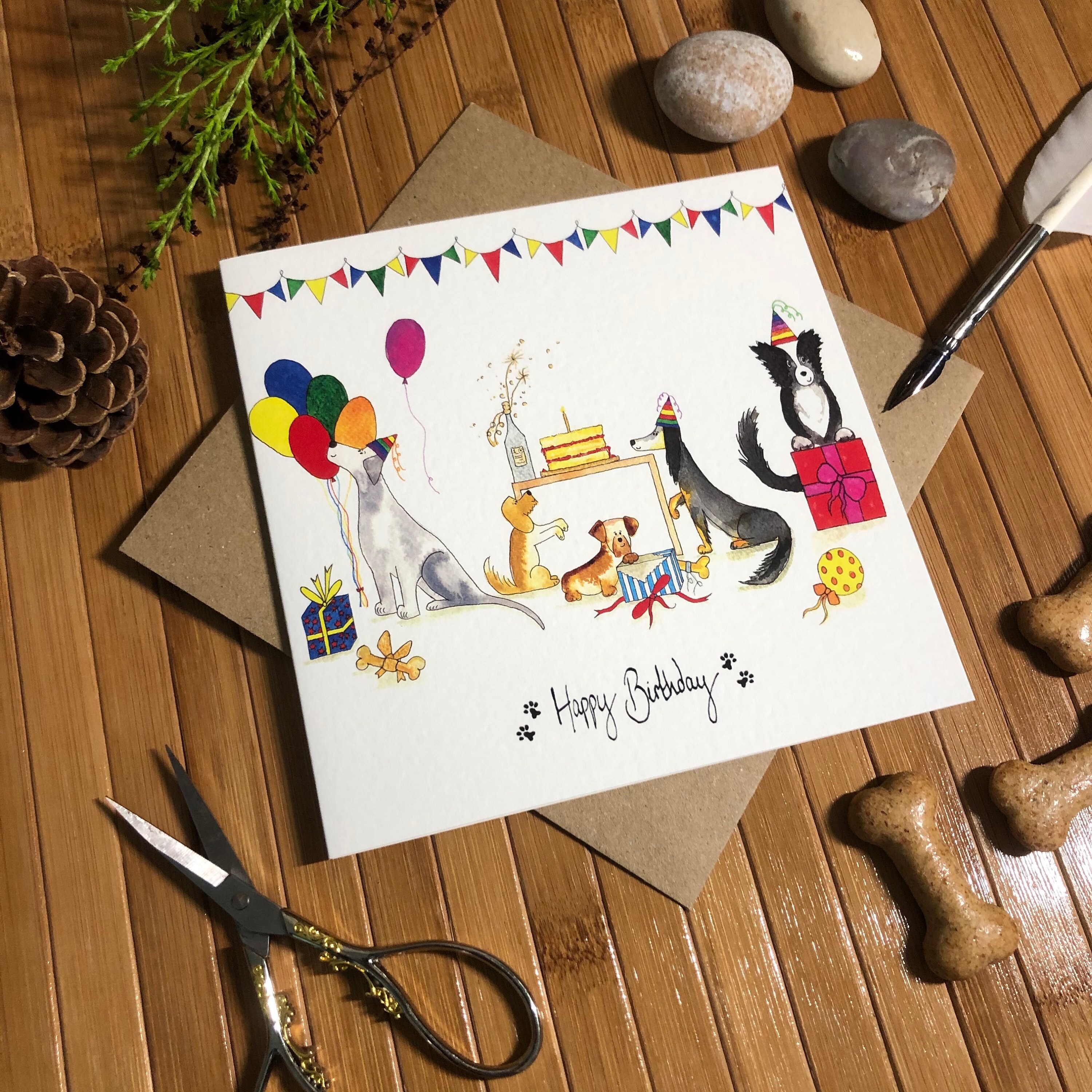 Dog Birthday Card, Birthday Card, Dog Illustration, Hand Drawn in Pen ...