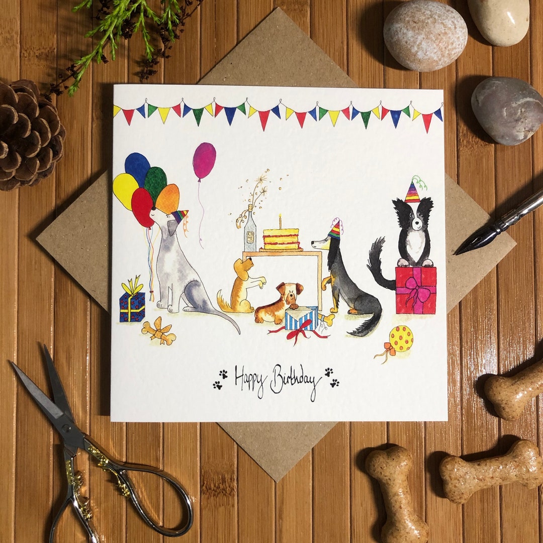 Dog Birthday Card, Birthday Card, Dog Illustration, Hand Drawn in Pen ...