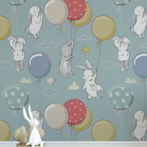 Balloons & Rabbits Nursery Wallpaper Removable and - Etsy