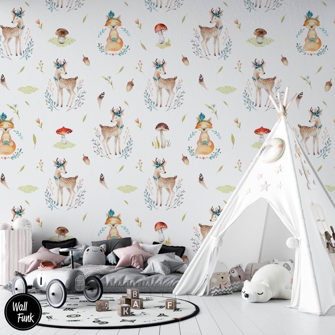 Boho Deer Nursery Wallpaper, Removable Woodland Nursery Wallpaper, Boho ...