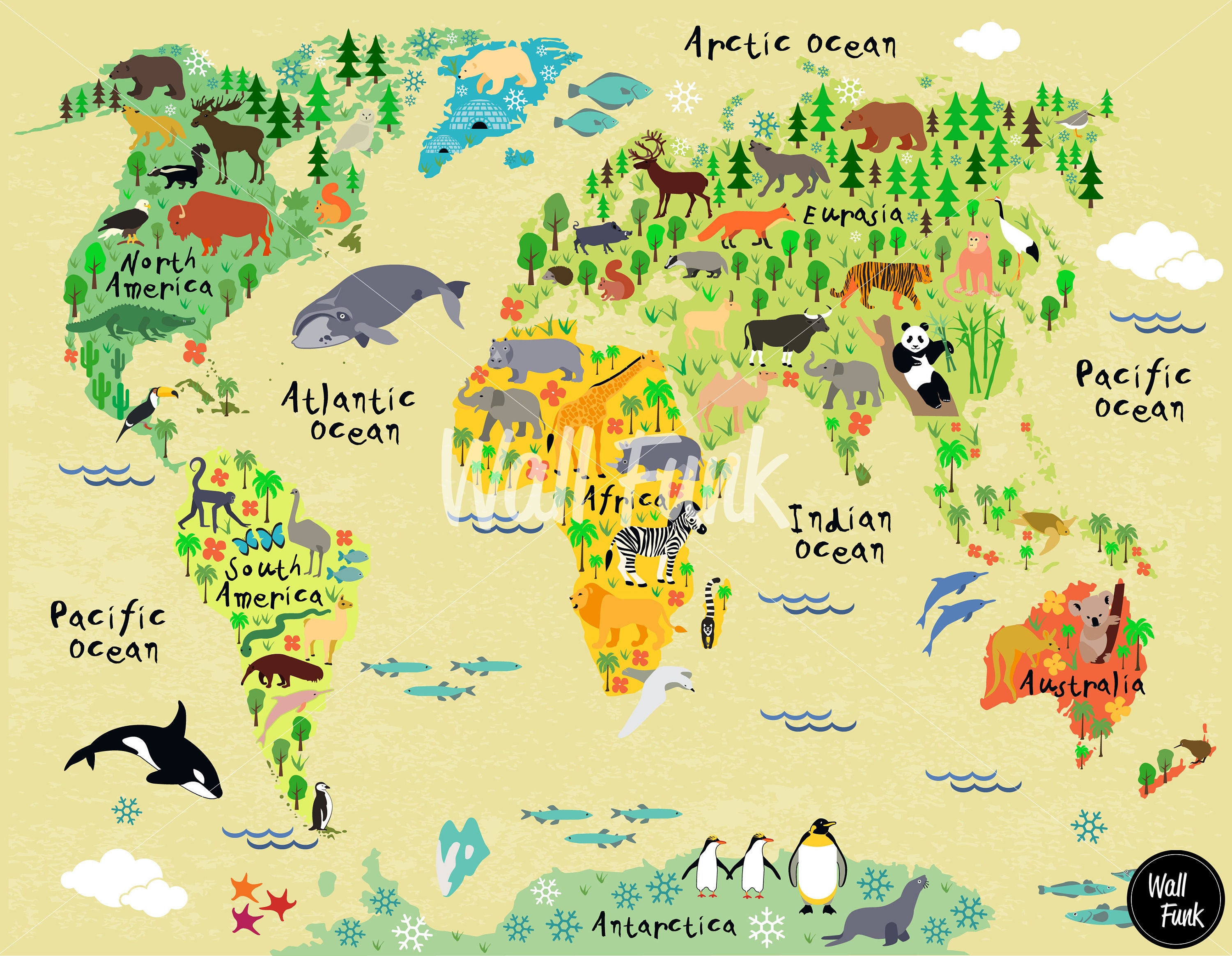 Safari World Map Children's Wallpaper Animals Kids - Etsy