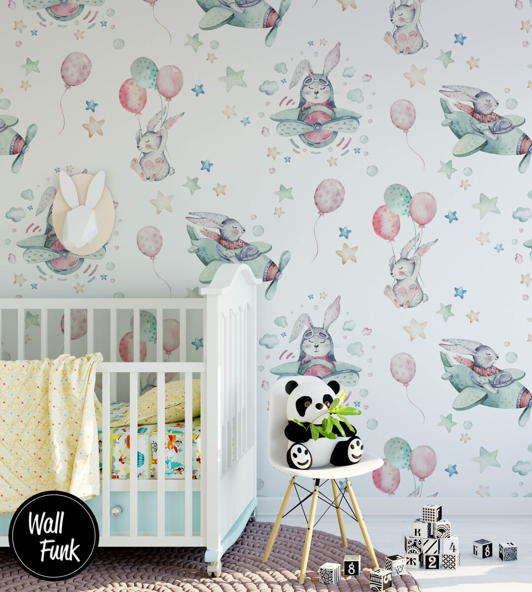Balloons & Rabbits Nursery Wallpaper - Removable and Pre-pasted ...