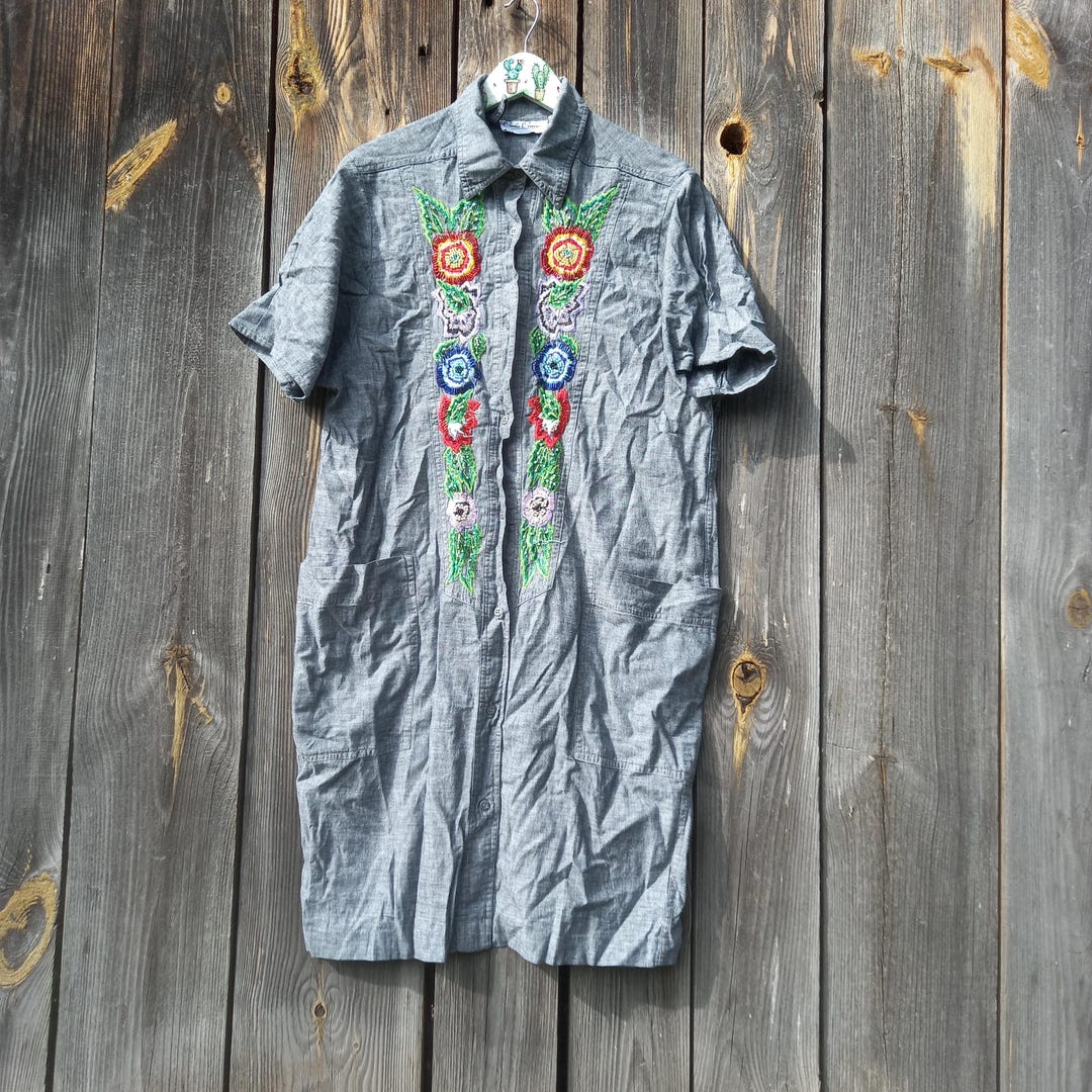Vintage Carla Carini Embroidered Cotton Tunic Dress - Y2K Floral Kaftan ...
