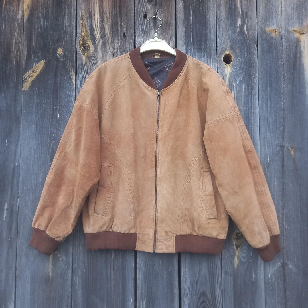 90s Vintage Bomber Jacket Men Suede Leather Brown Clothing Rustic ...