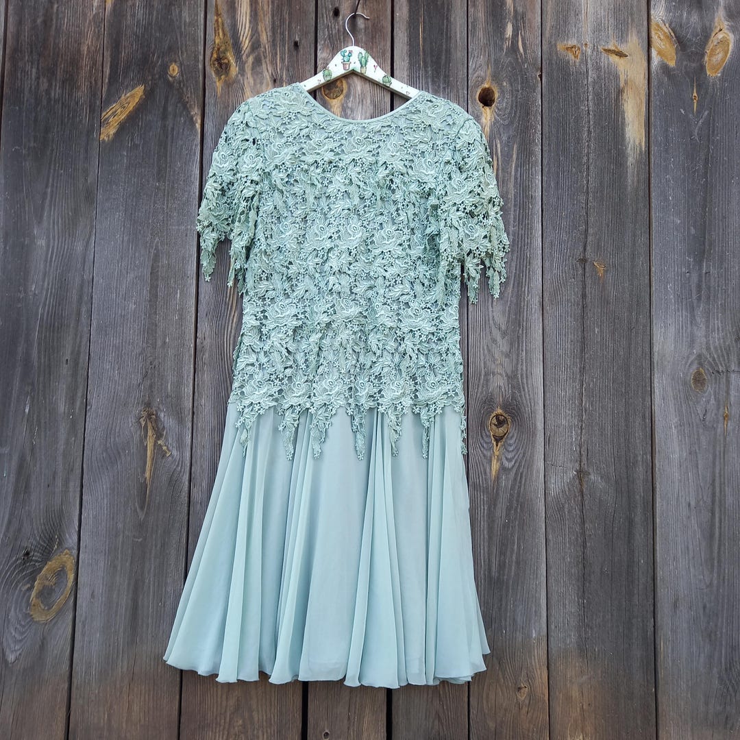 90s Elegant Dress Women CATTIVA 80s Vintage Lace Green Dress Clothing ...