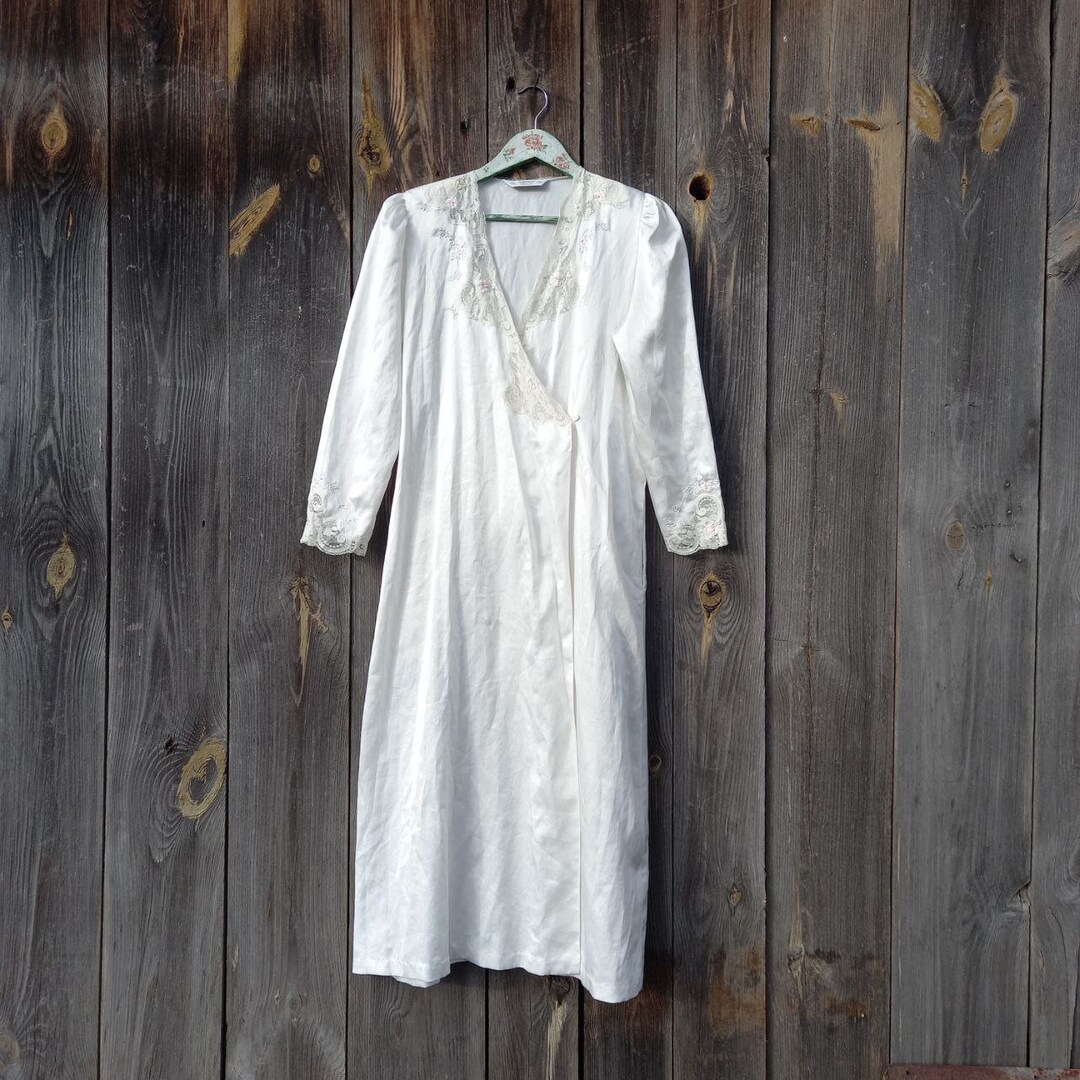 80s Ivory Satin Robe 90s Vintage Bathrobe Terry Dresses for Women Retro ...