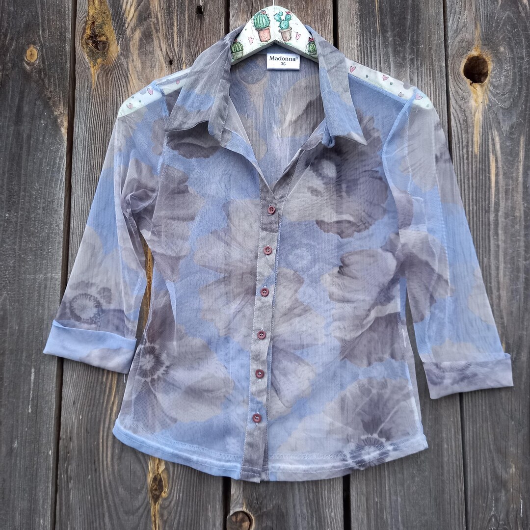 2000s Blouses Women Blue Floral Long Sleeve Y2k Party 90s Vintage Top ...