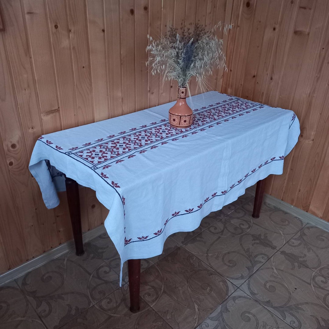 90s Red Vintage Ukrainian Embroidery Tablecloth Black Handmade Linen ...