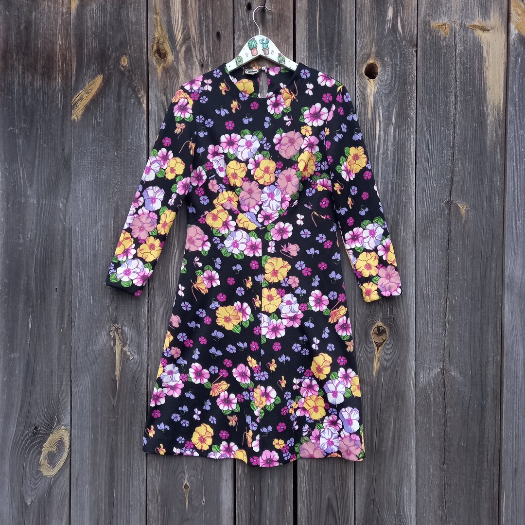 1970s Black Dress for Women TREVIRA Сolorful Clothing Crimplene Size S ...